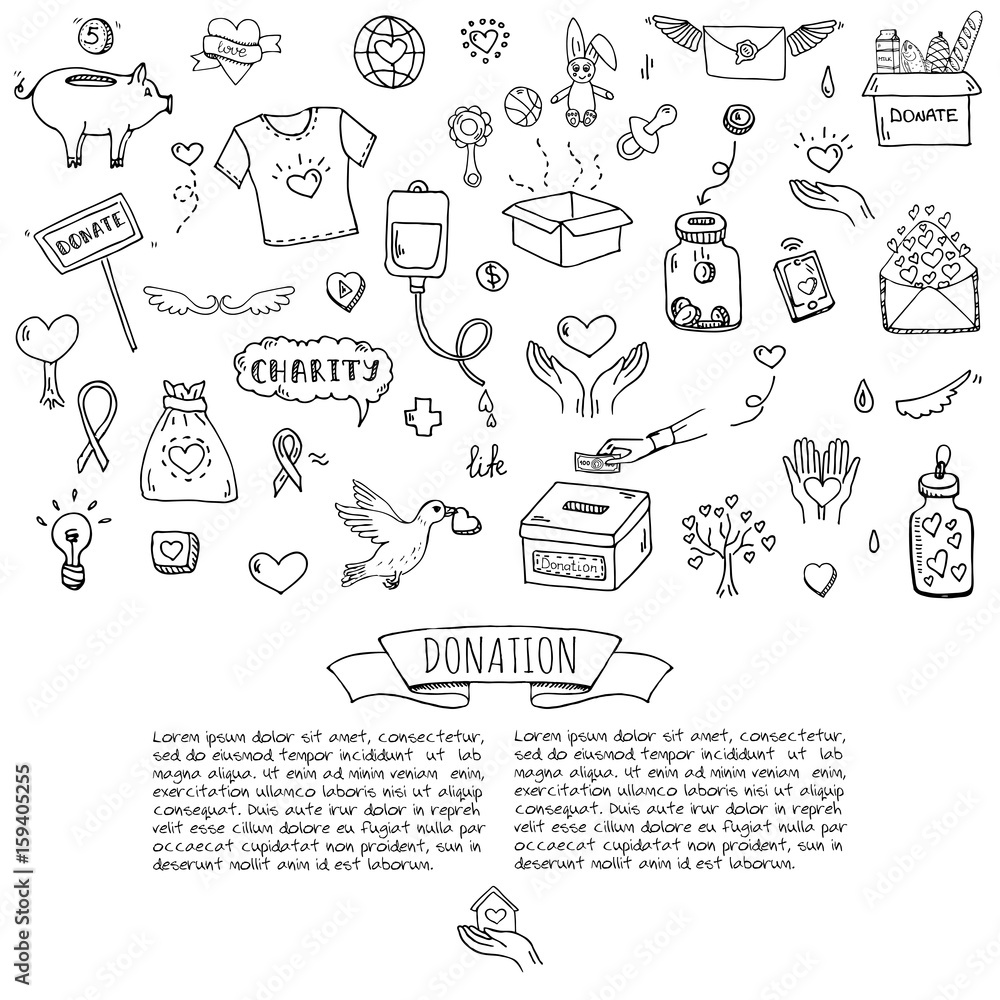 Hand drawn doodle Donation icons set. Vector illustration. Charity ...