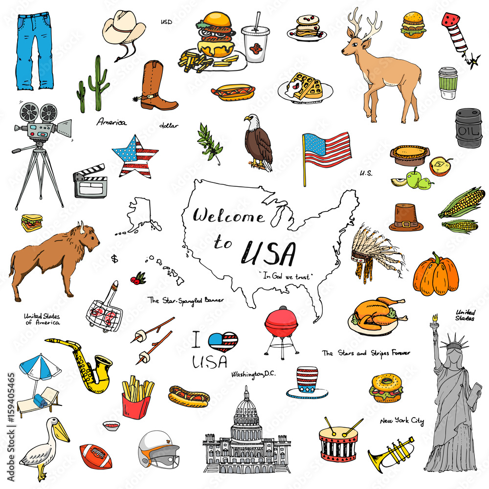 Hand drawn doodle USA set Vector illustration Sketchy american icons ...