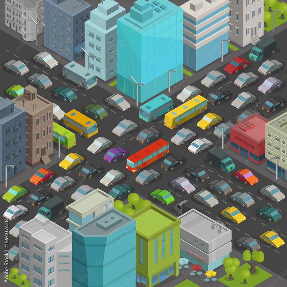City street Intersection traffic jams road Isometric projection view. A ...