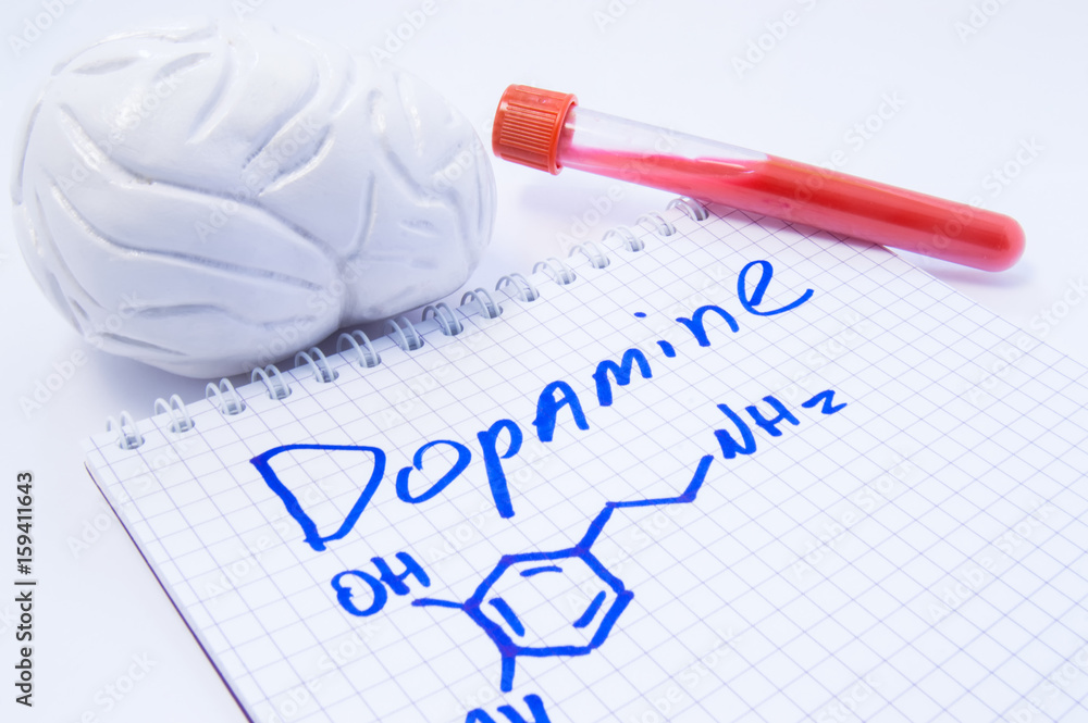 Neurotransmitter Dopamine in brain. Anatomic 3D brain model, lab test ...