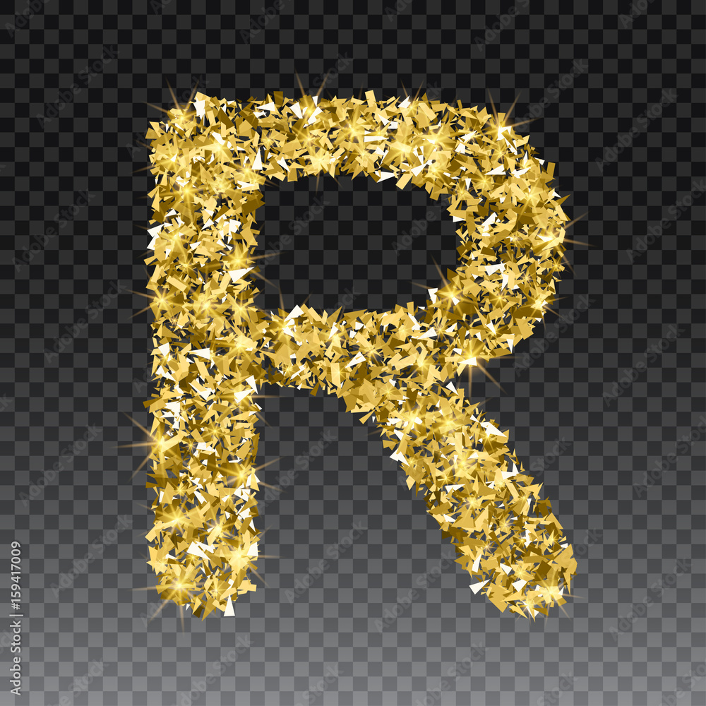 Gold glittering letter R. Vector shining golden font lettering of ...