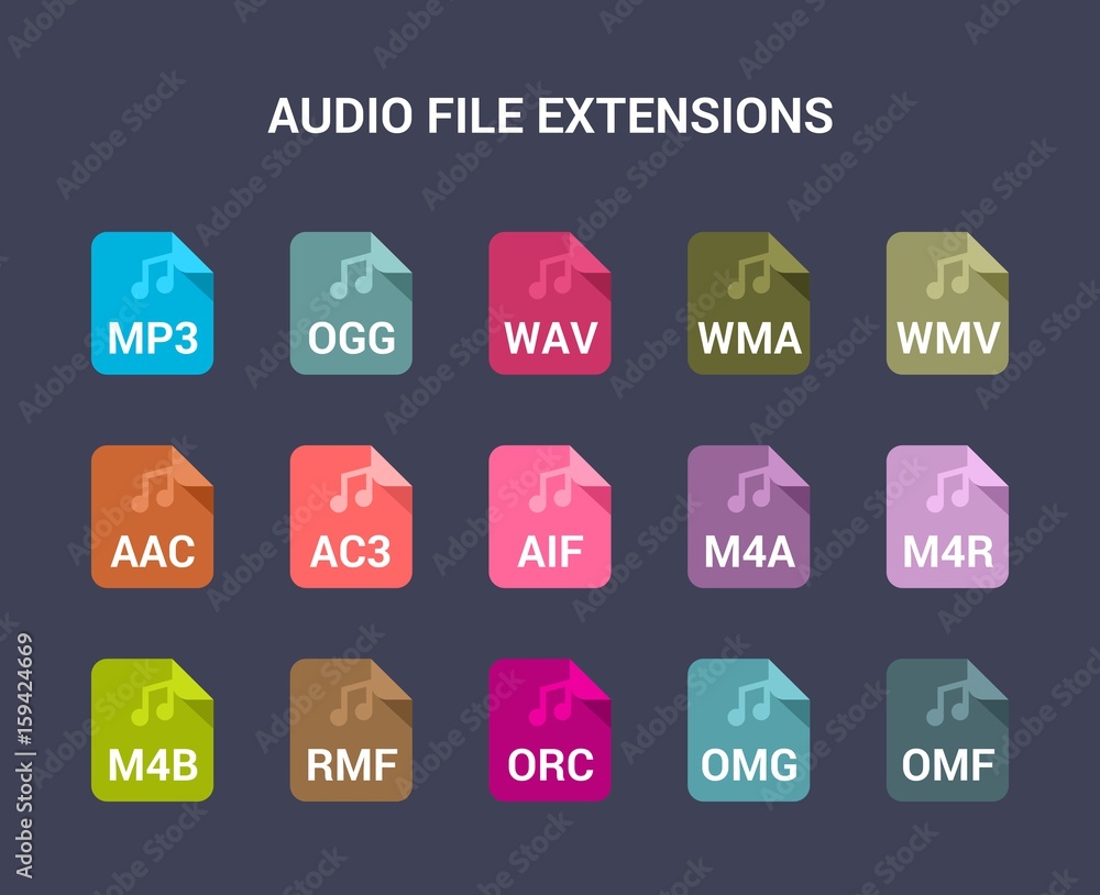 Audio file extensions. Flat colored vector icons Stock Vector | Adobe Stock Audio file extensions. Flat colored vector icons Stock Vector | Adobe Stock