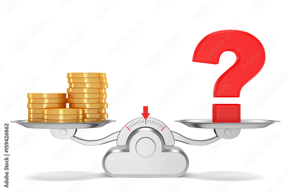 Scales. Money and a large question mark on a white background. 3d ...
