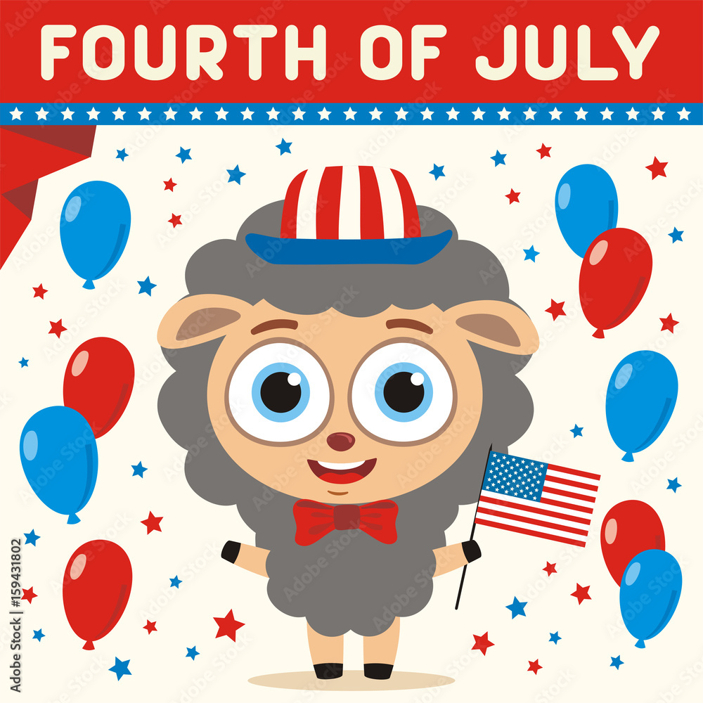 Fourth of july! Cartoon sheep with flag USA and balloons for ...