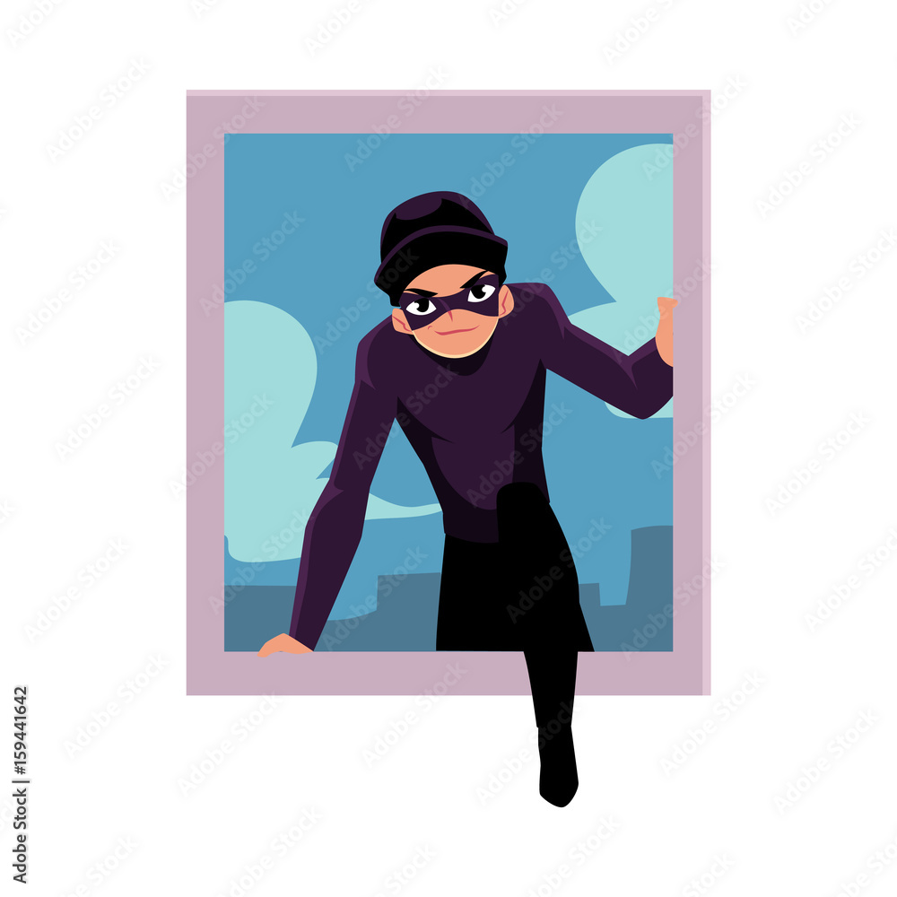 Vecteur Stock Thief, burglar breaking into house through window ...