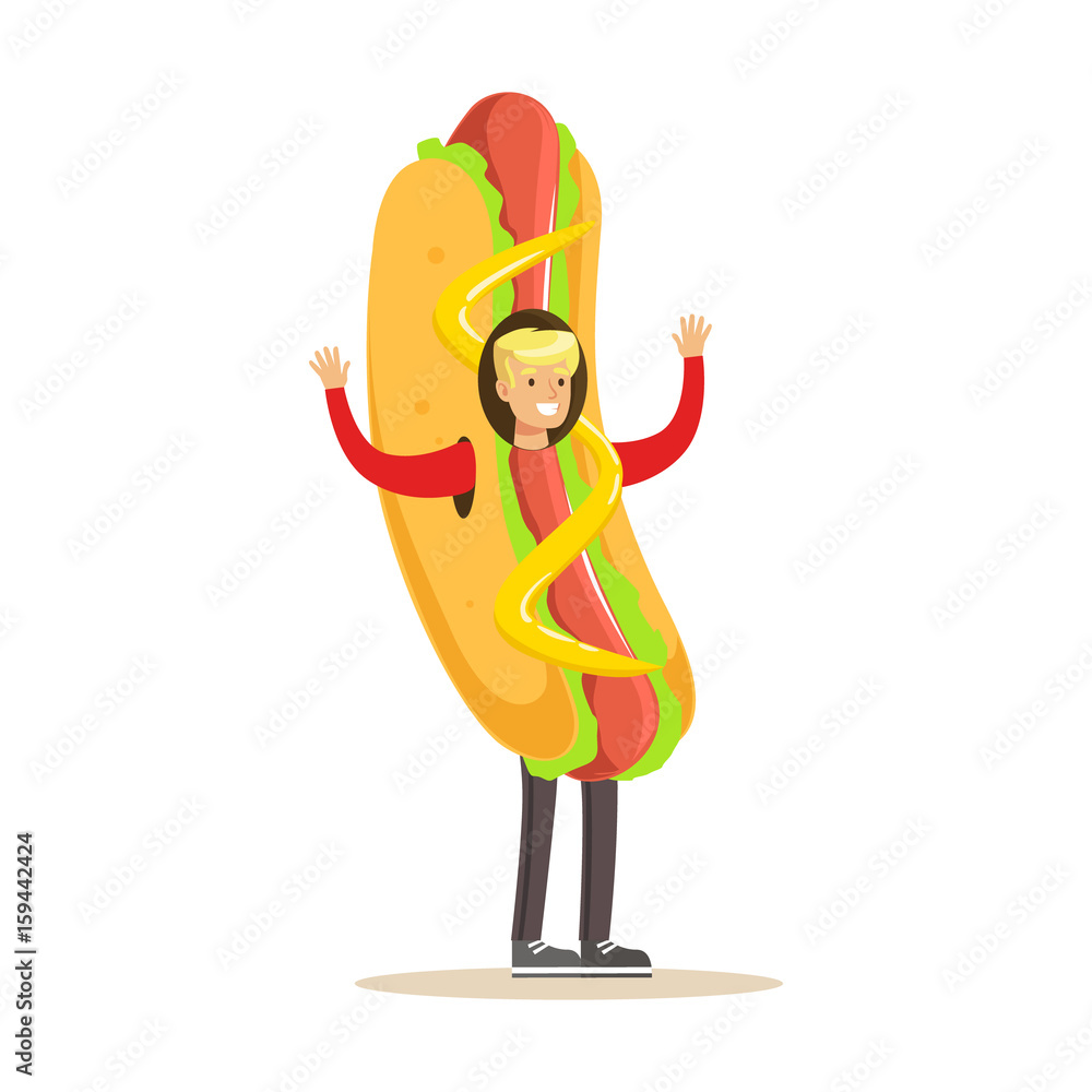 Man wearing hot dog costume, fast food snack character vector ...