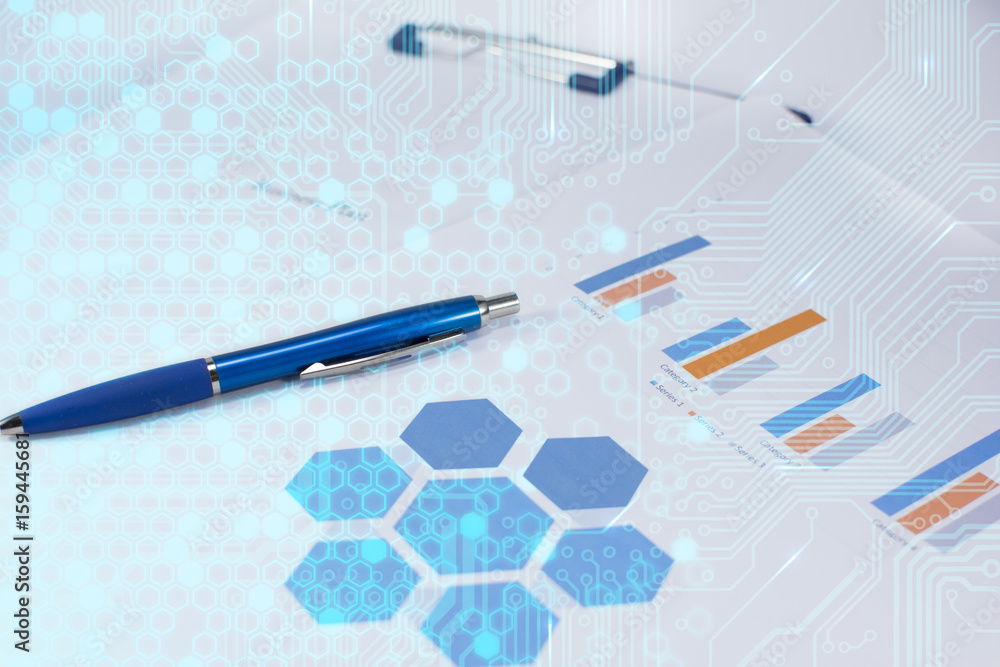 Clipboard with a white piece of paper and charts with blue pen on white ...