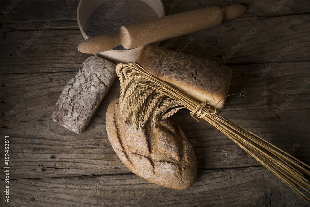 Bread border on wood with copy space background. Brown and white whole ...