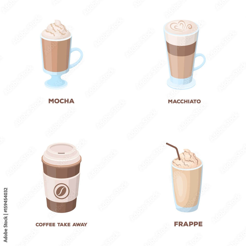 Mocha, macchiato, frappe, take coffee.Different types of coffee set ...