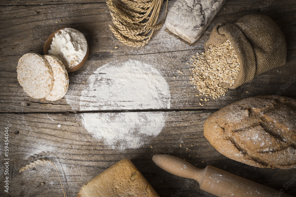 Bread border on wood with copy space background. Brown and white whole ...