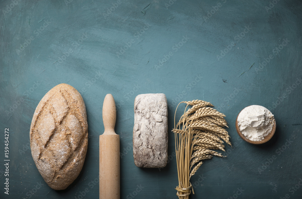 Bread border on wood with copy space background. Brown and white whole ...