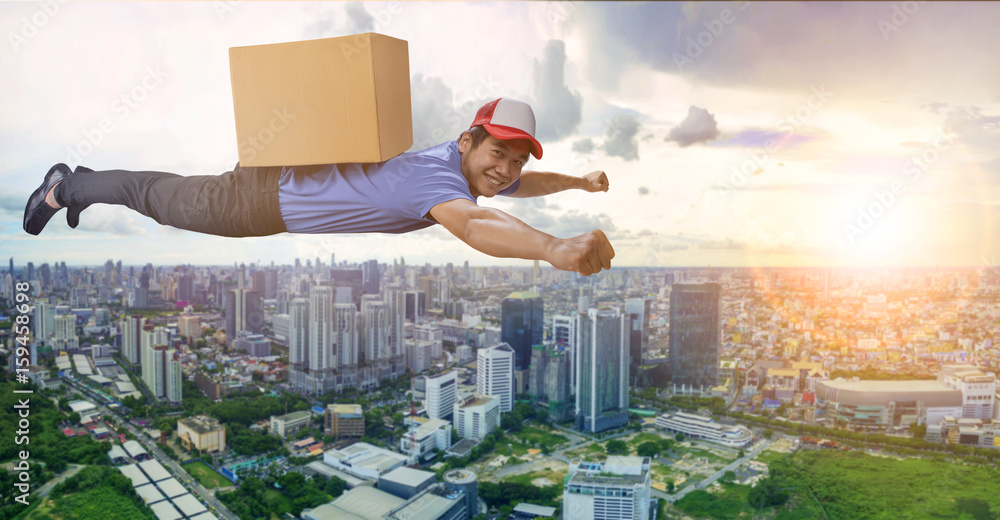 delivery man flying over city scape with container box on back, for ...