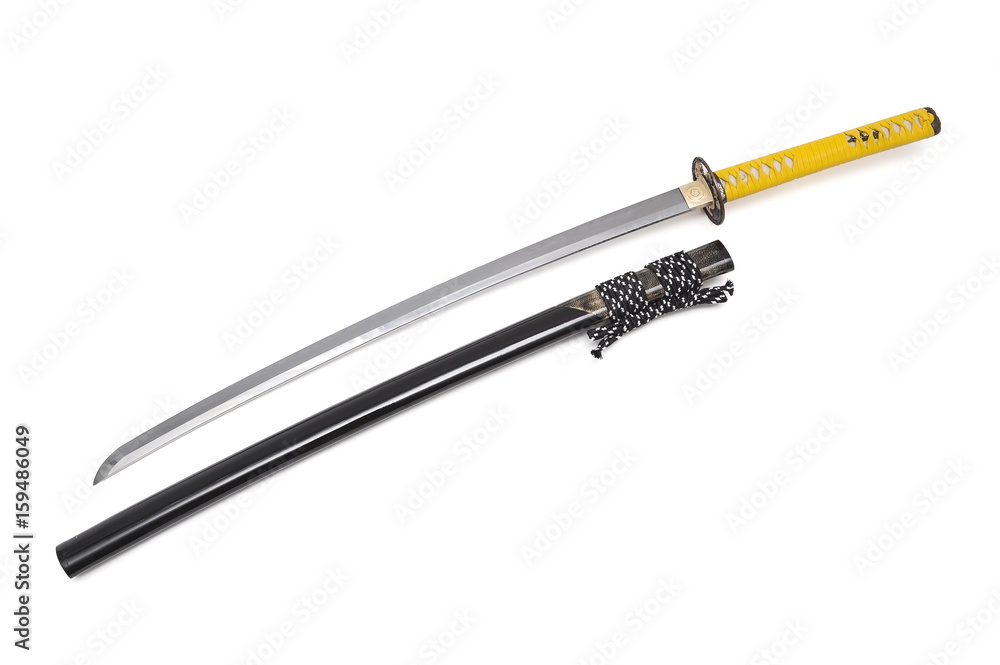 Japanese sword and scabbard on white background wrapped handle by ...