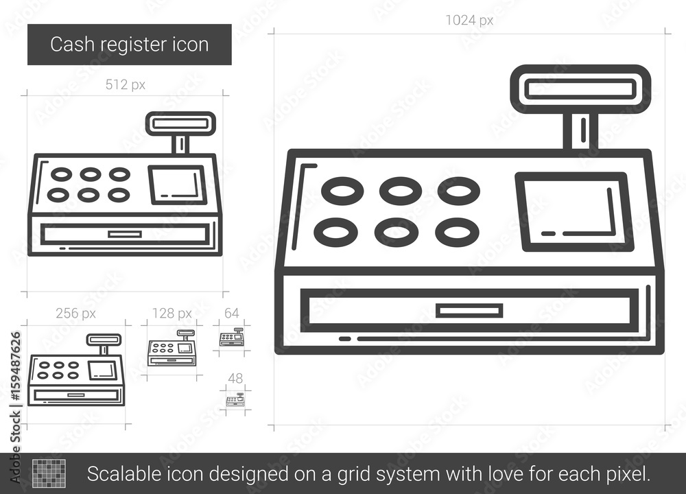 Cash register vector line icon isolated on white background. Cash ...