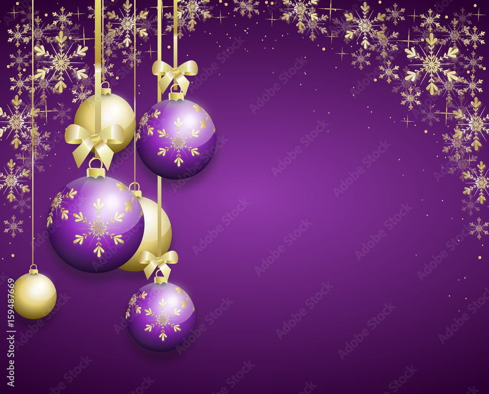 purple christmas background decorated with christmas bulbs Stock ...