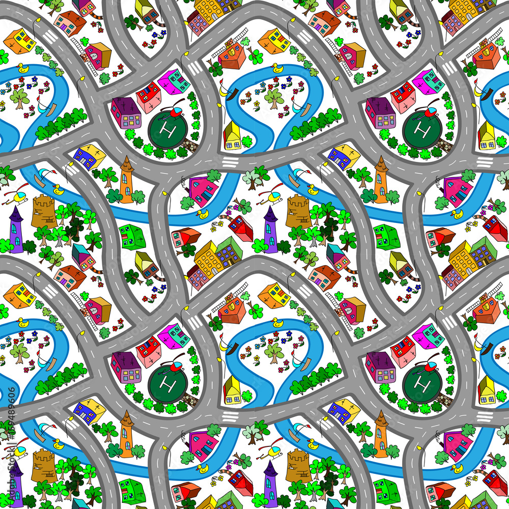 Vector seamless background with cartoon roads and cars. Stock Vector ...