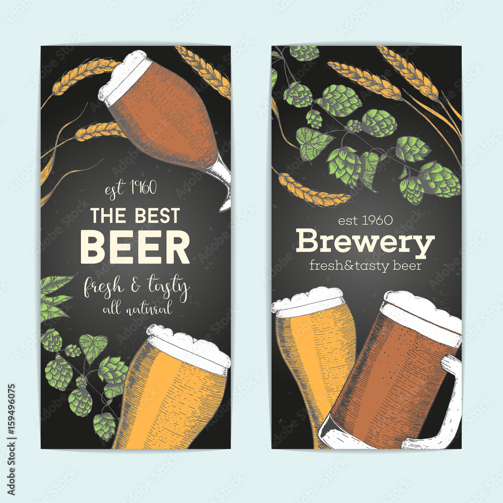 Flyers set with beer glasses, barley and hops. Vector illustration in ...