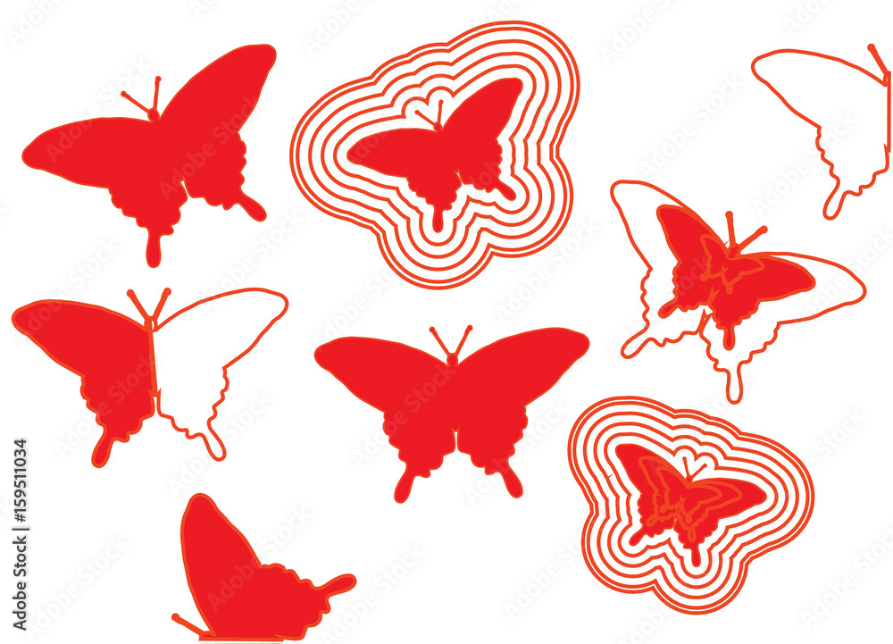 Red outline butterfly. Different vector red butterflies. Silhouettes ...