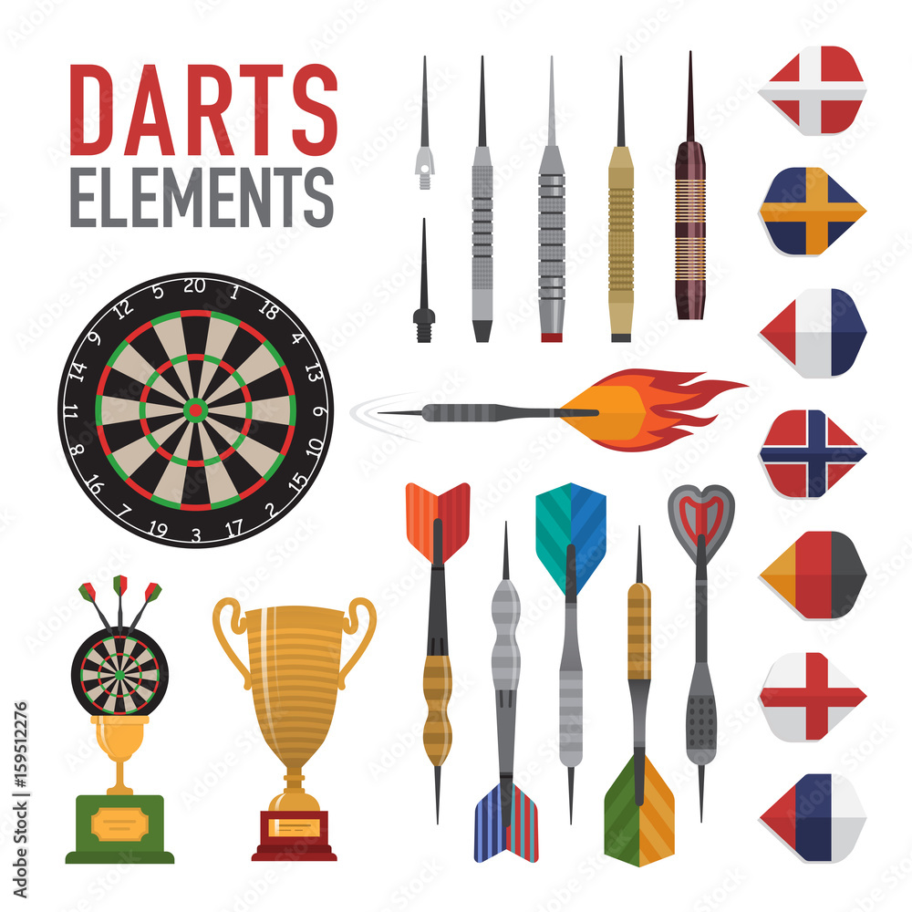 Darts items, elements, labels, icons, symbols, emblems with darts men, dart, arrow, dartboard ...