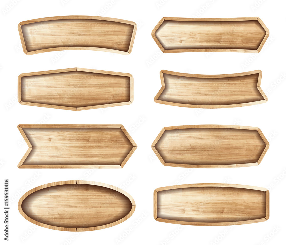 Wooden stickers label collection. Set of various shapes wooden sign ...