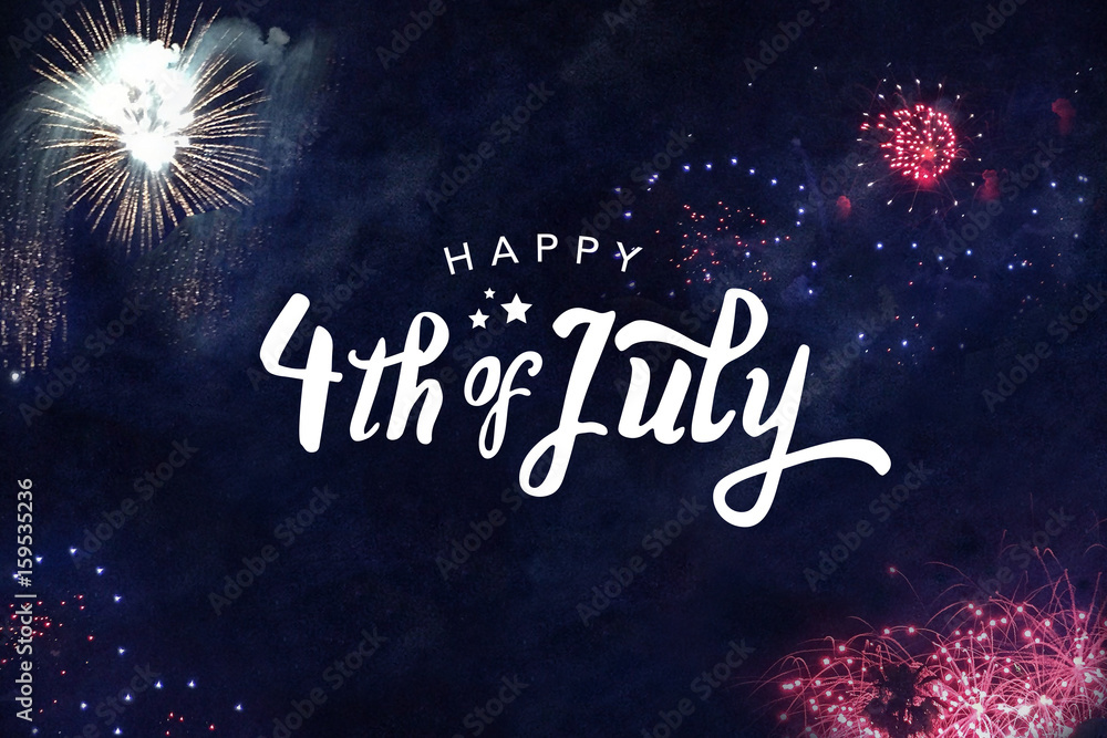 Happy 4th of July Typography with Fireworks in Night Sky Stock Photo ...
