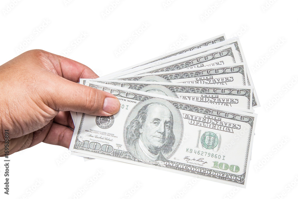 Hand of a man holding a fanned fistful of 100 dollar isolated on white ...