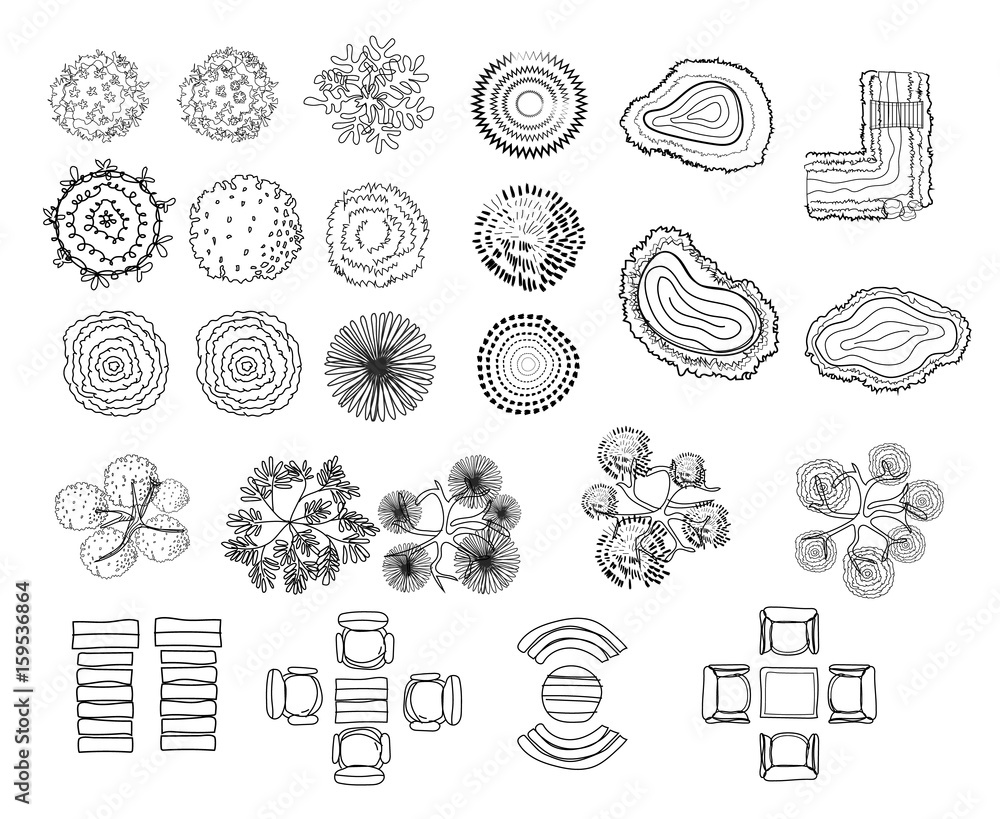 set of tree top symbols, for architectural or landscape design, for map ...