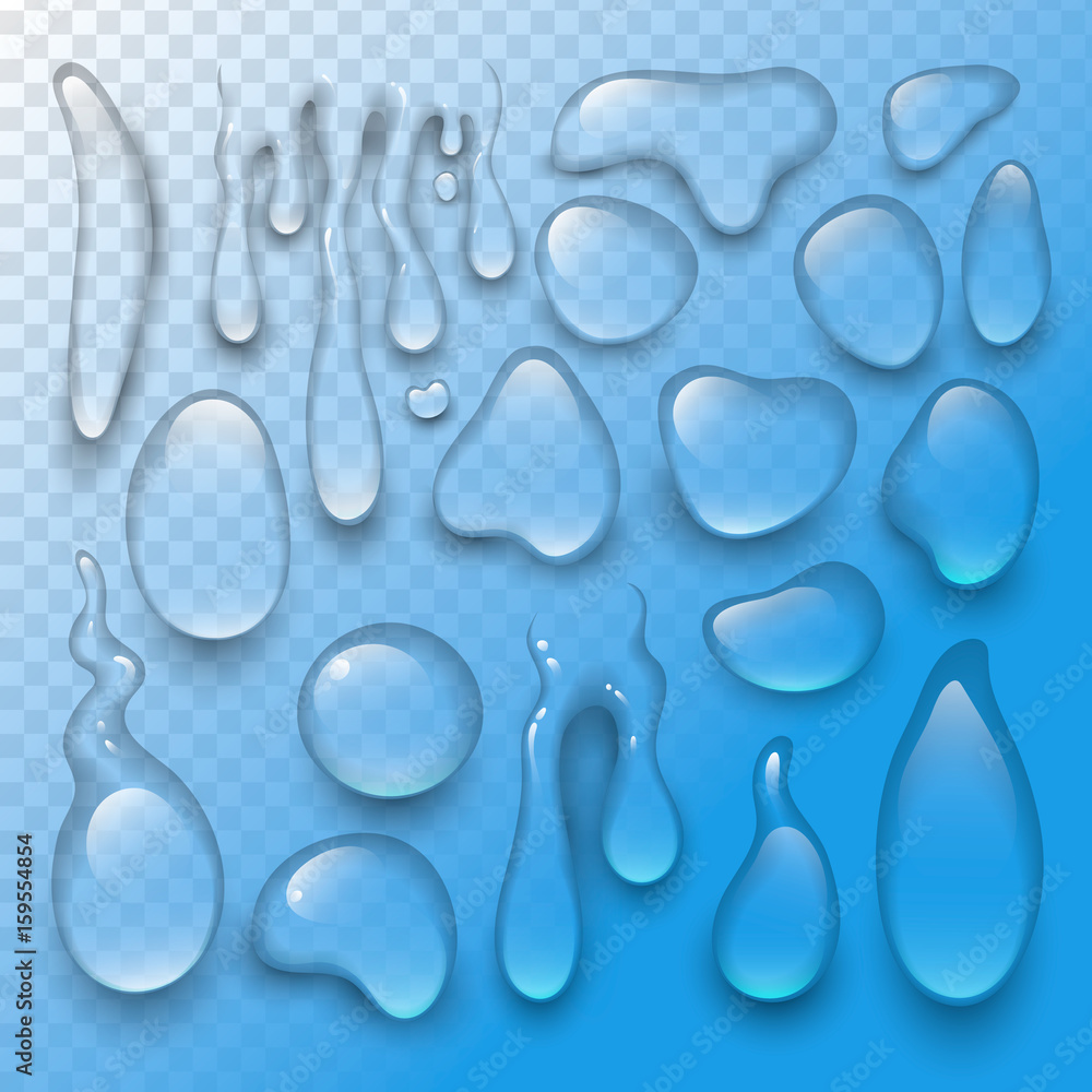 Realistic water drops liquid transparent raindrop splash vector ...