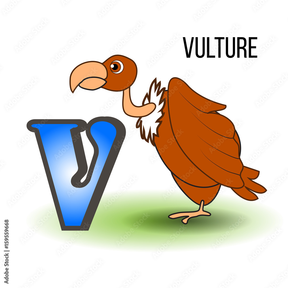 Cute Zoo alphabet V with cartoon vulture, kid wild animal vector funny ...