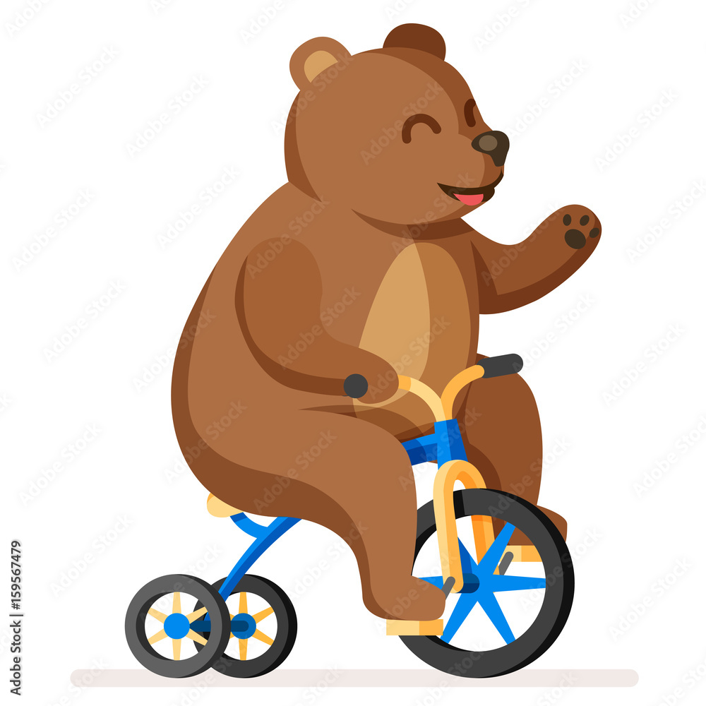 Colorful happy and cute bear on bicycle. Trained funny circus bear ...