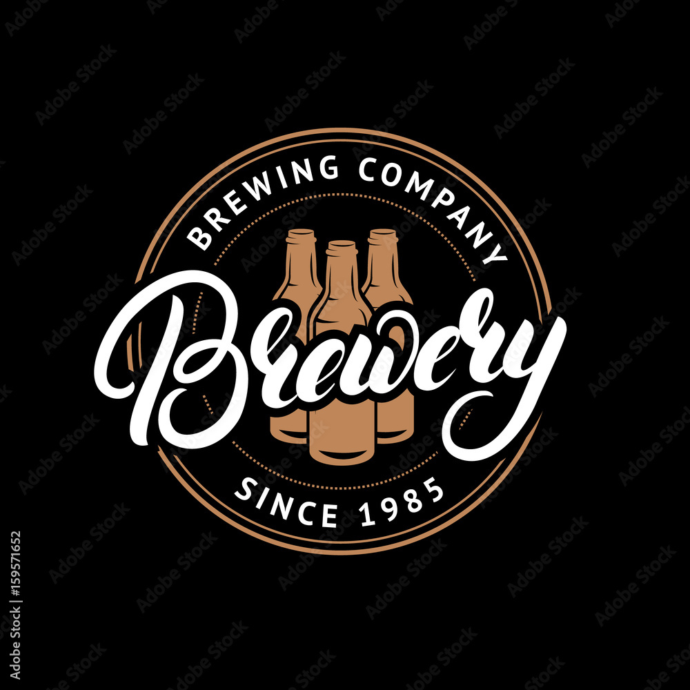 Brewery hand drawn lettering logo, label, badge, emblem with beer ...