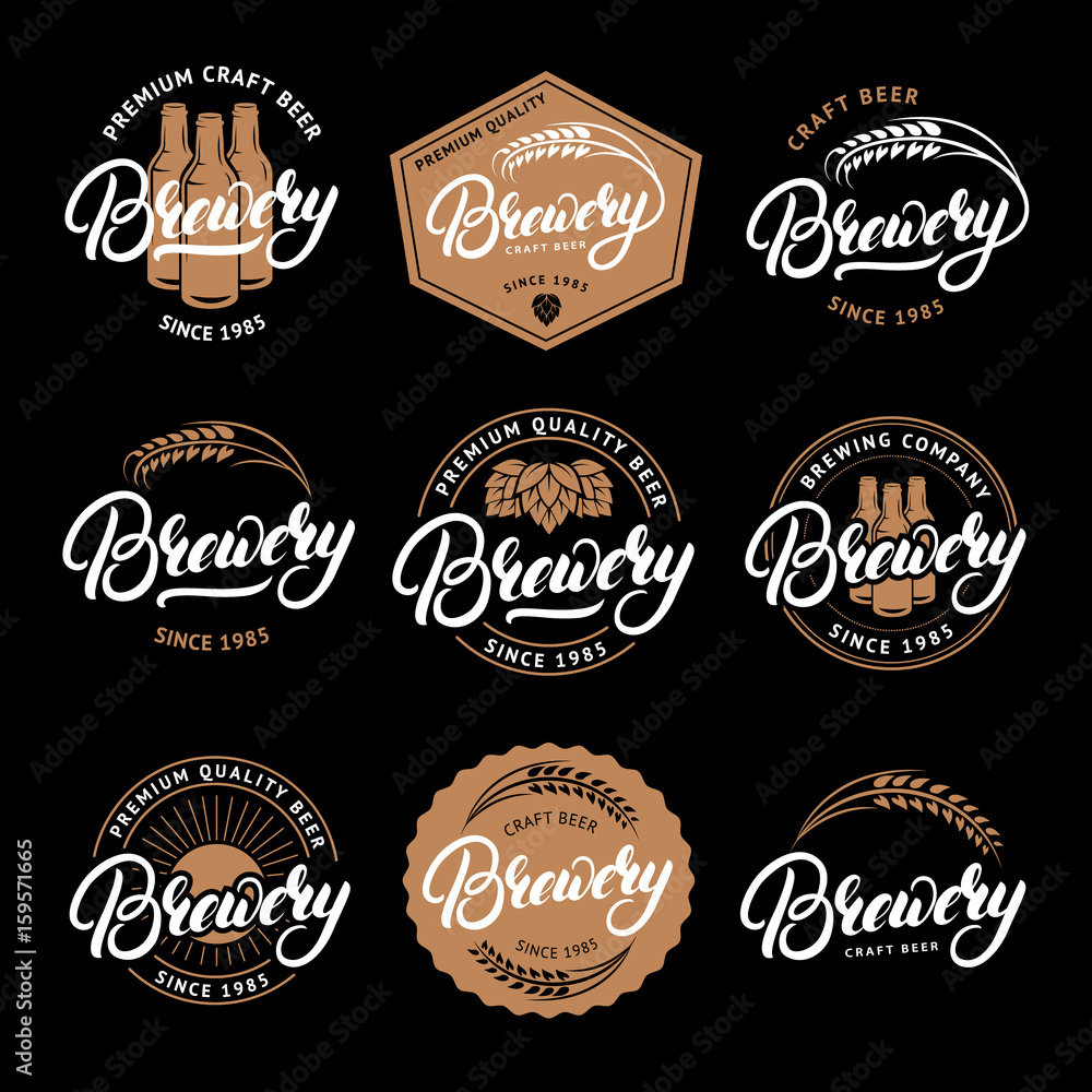 Set of Brewery hand written lettering logo, label, badge, emblem for ...