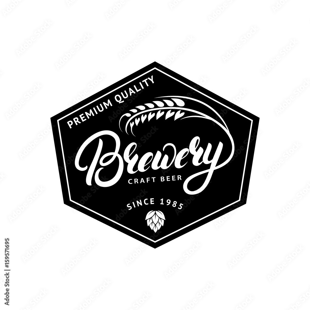 Brewery hand drawn lettering logo, label, badge, emblem with ear of ...