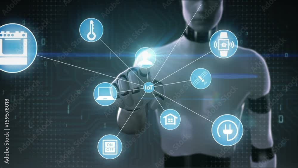 Robot, cyborg touching screen, IoT technology connect global world map ...