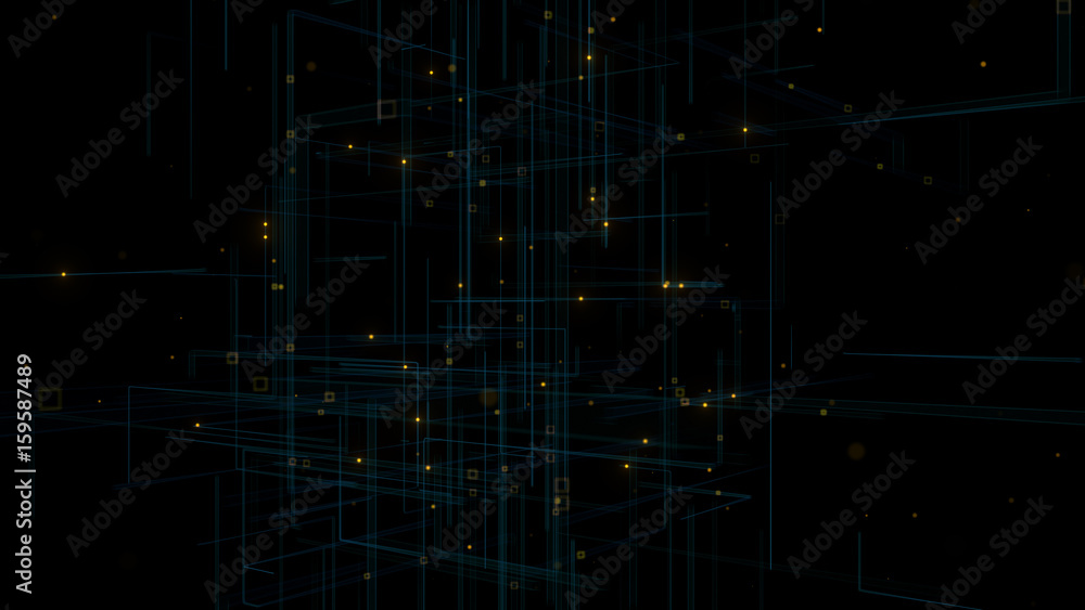 3d render of particles with glow and trail lines. Abstract background with depth of field and ...