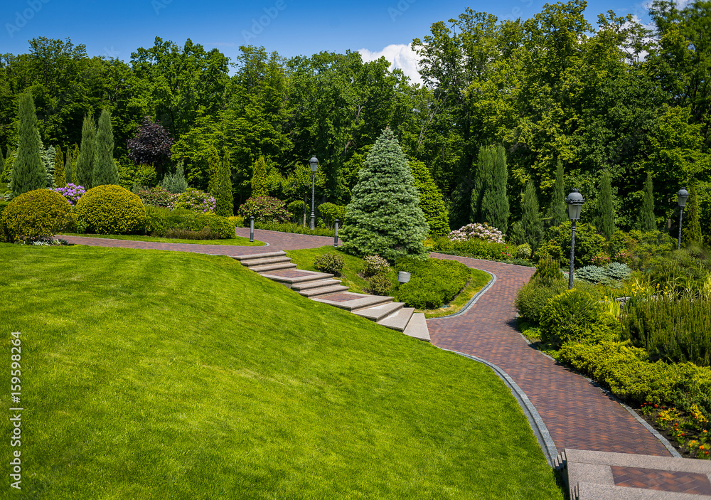 Landscaping in the garden. The path in the garden.Beautiful backyard ...