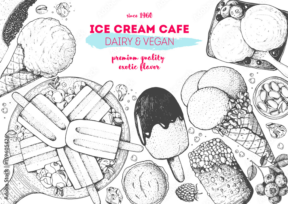 Ice cream top view frame. Vector sketch for vintage menu design. Hand ...