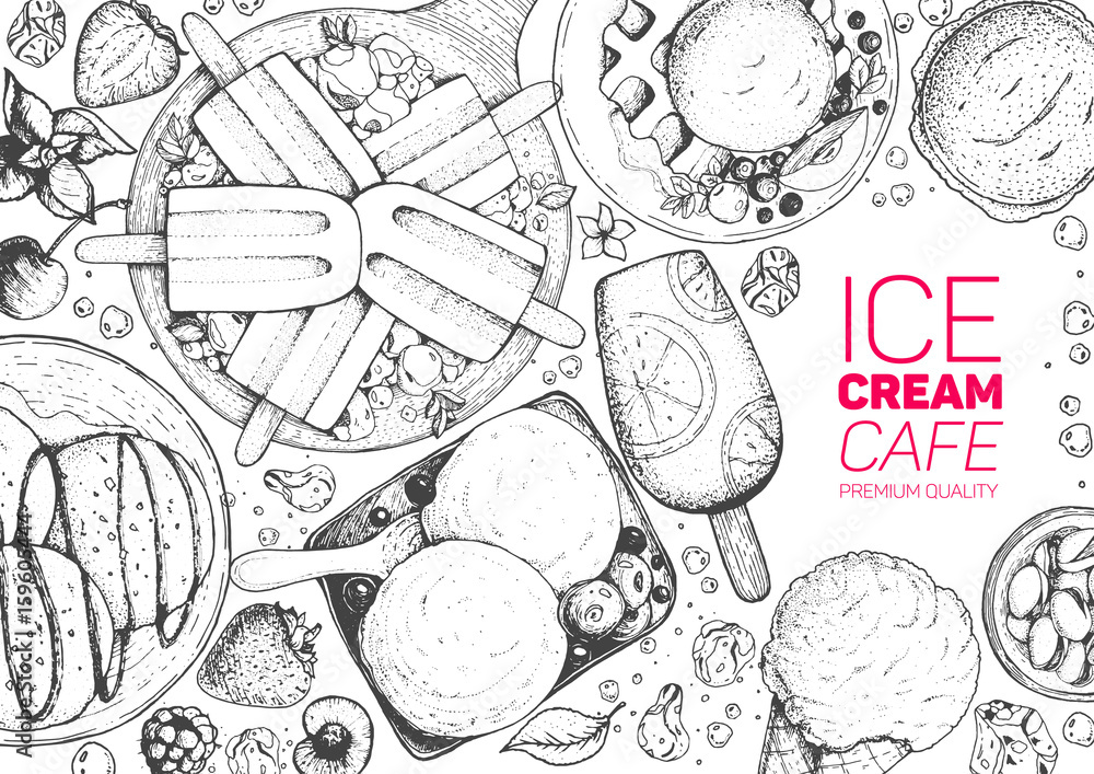 Ice cream top view frame. Vector sketch for vintage menu design. Hand ...