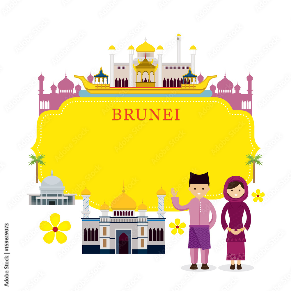 Brunei Landmarks, People in Traditional Clothing, Frame Stock Vector ...