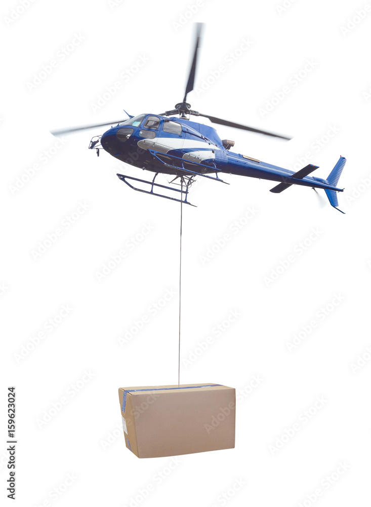 helicopter and package delivery of box isolated on white background ...
