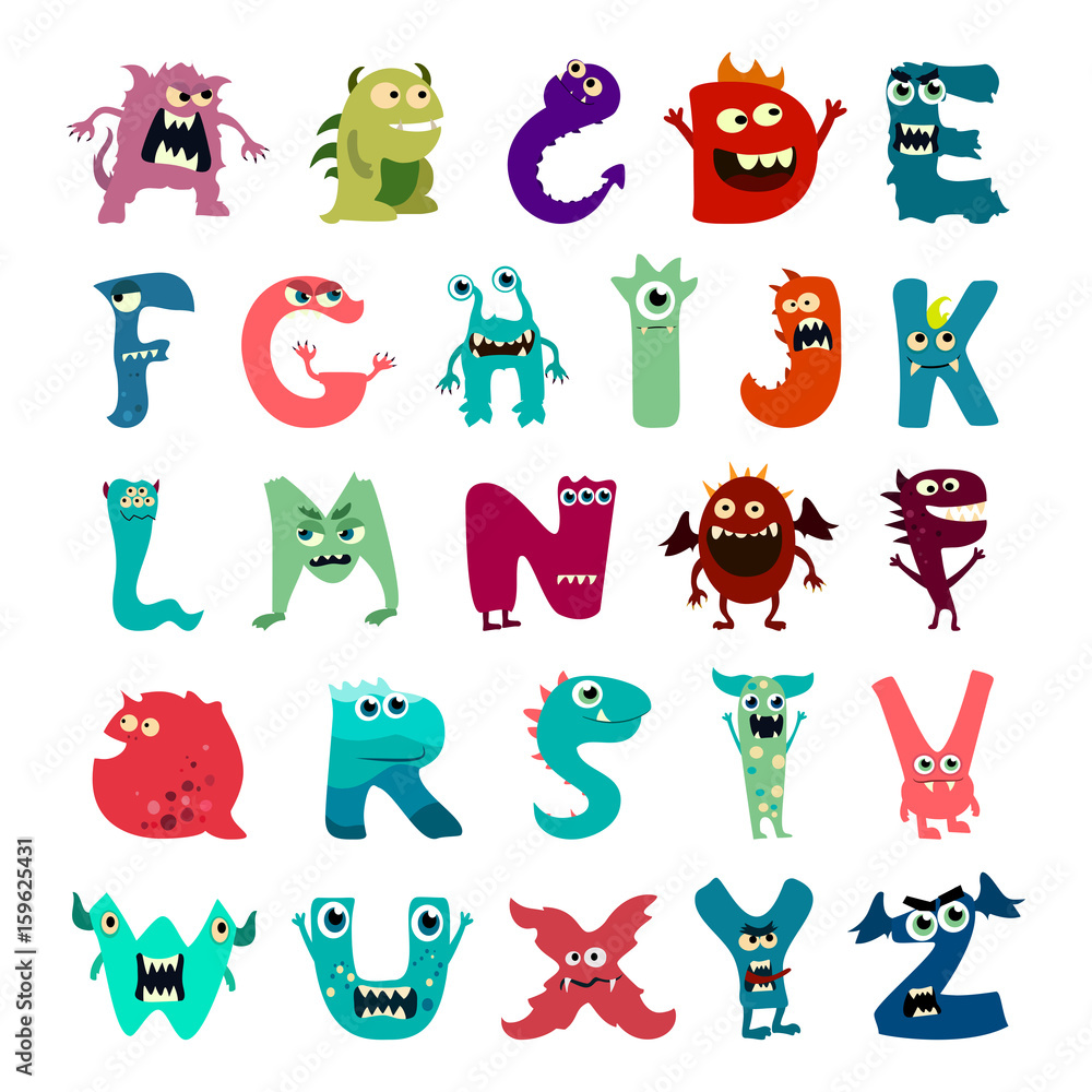Cartoon flat monsters alphabet big set icons. Colorful monster kids toy ...