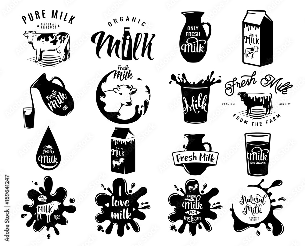 Vector illustration of fresh dairy milk logos, stamps for milky natural ...