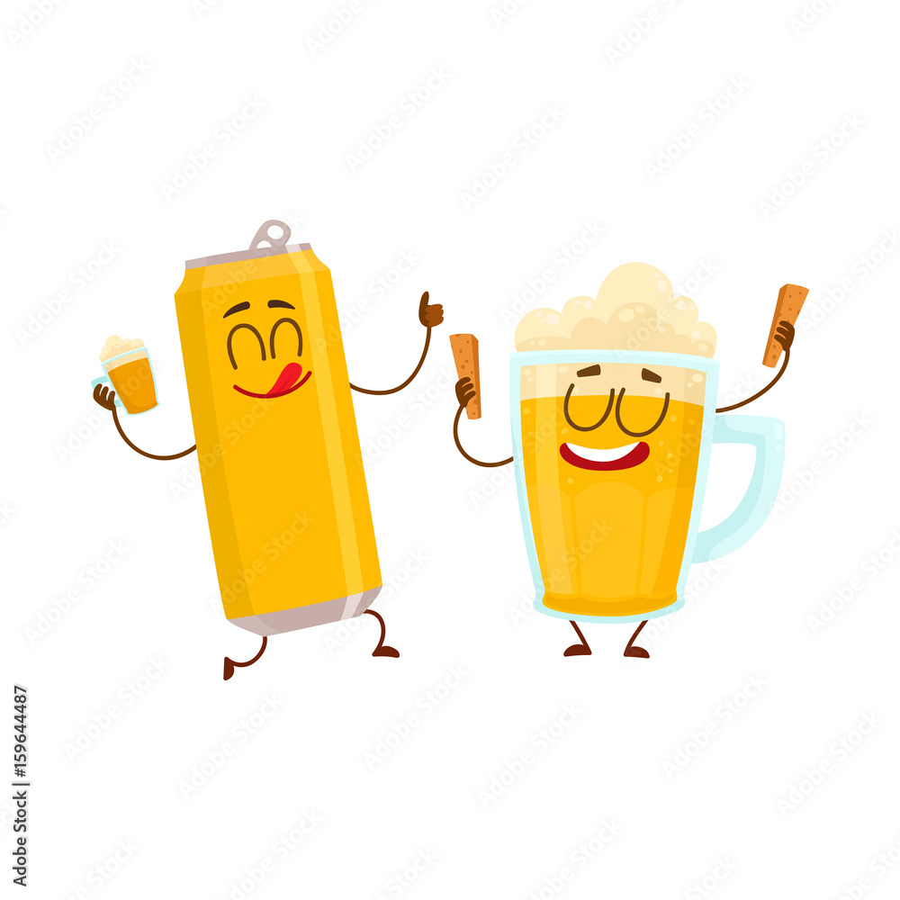 Funny beer can and mug characters having fun, drinking, celebrating ...