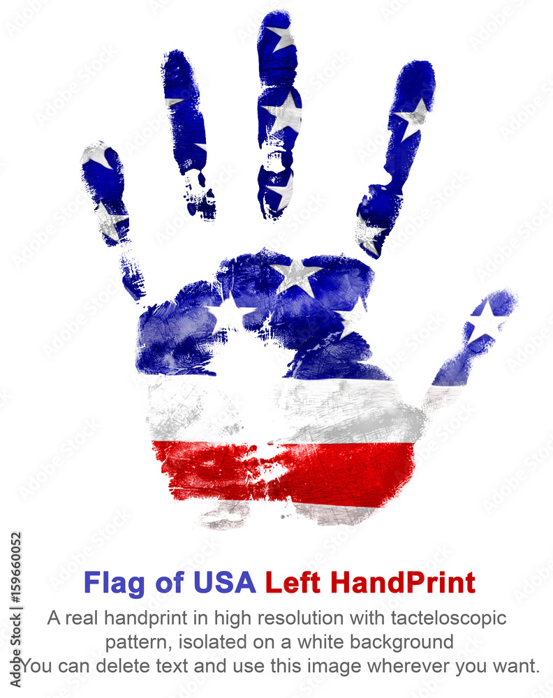Left hand print in USA flag colors on white isolated background ...