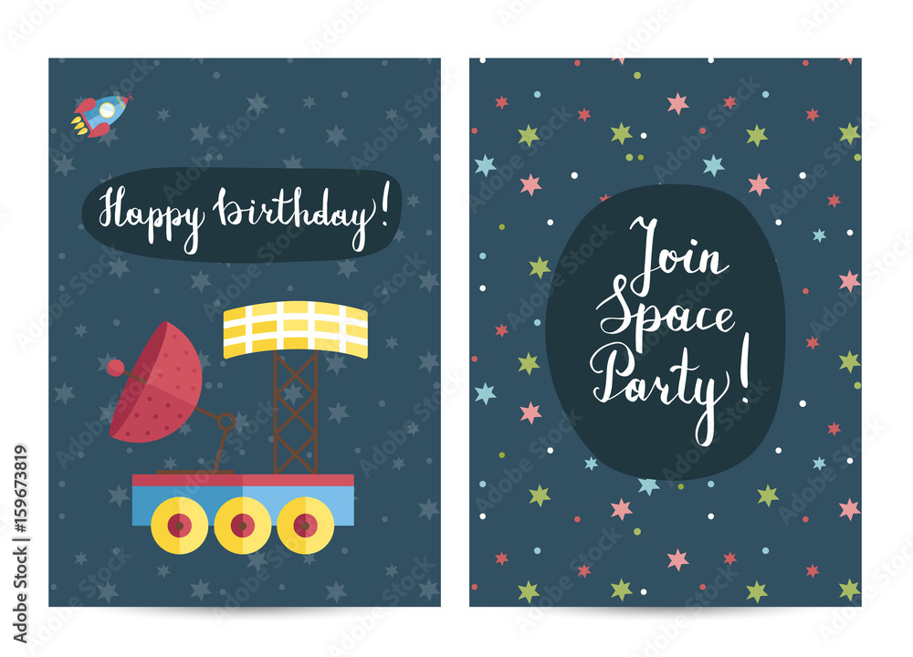 Happy birthday cartoon greeting card on space theme. Planet exploration ...