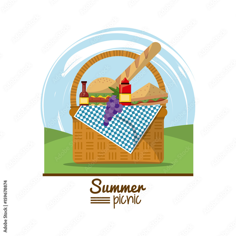 colorful logo summer picnic with outdoor landscape and picnic basket ...