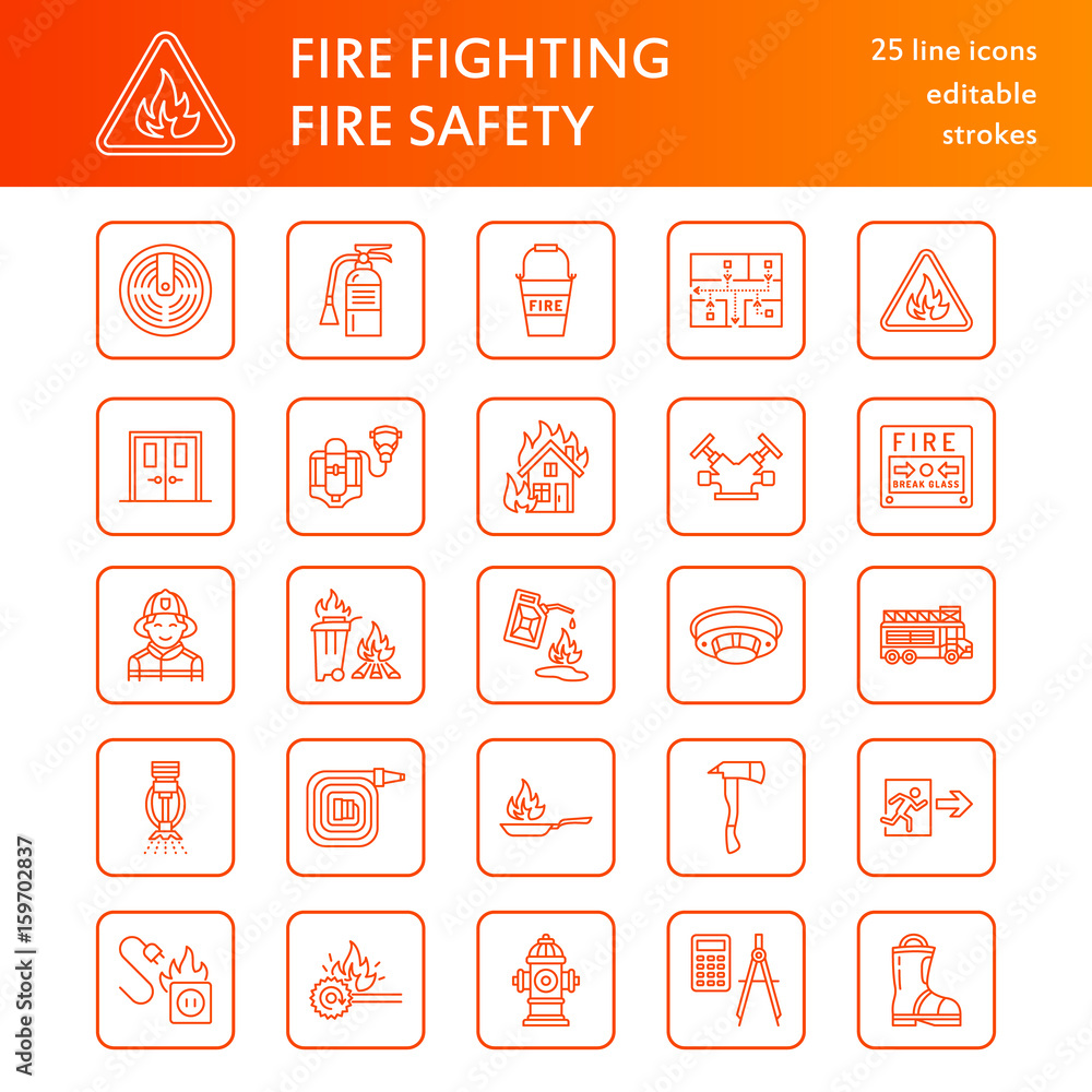 Firefighting, fire safety equipment flat line icons. Firefighter, fire ...