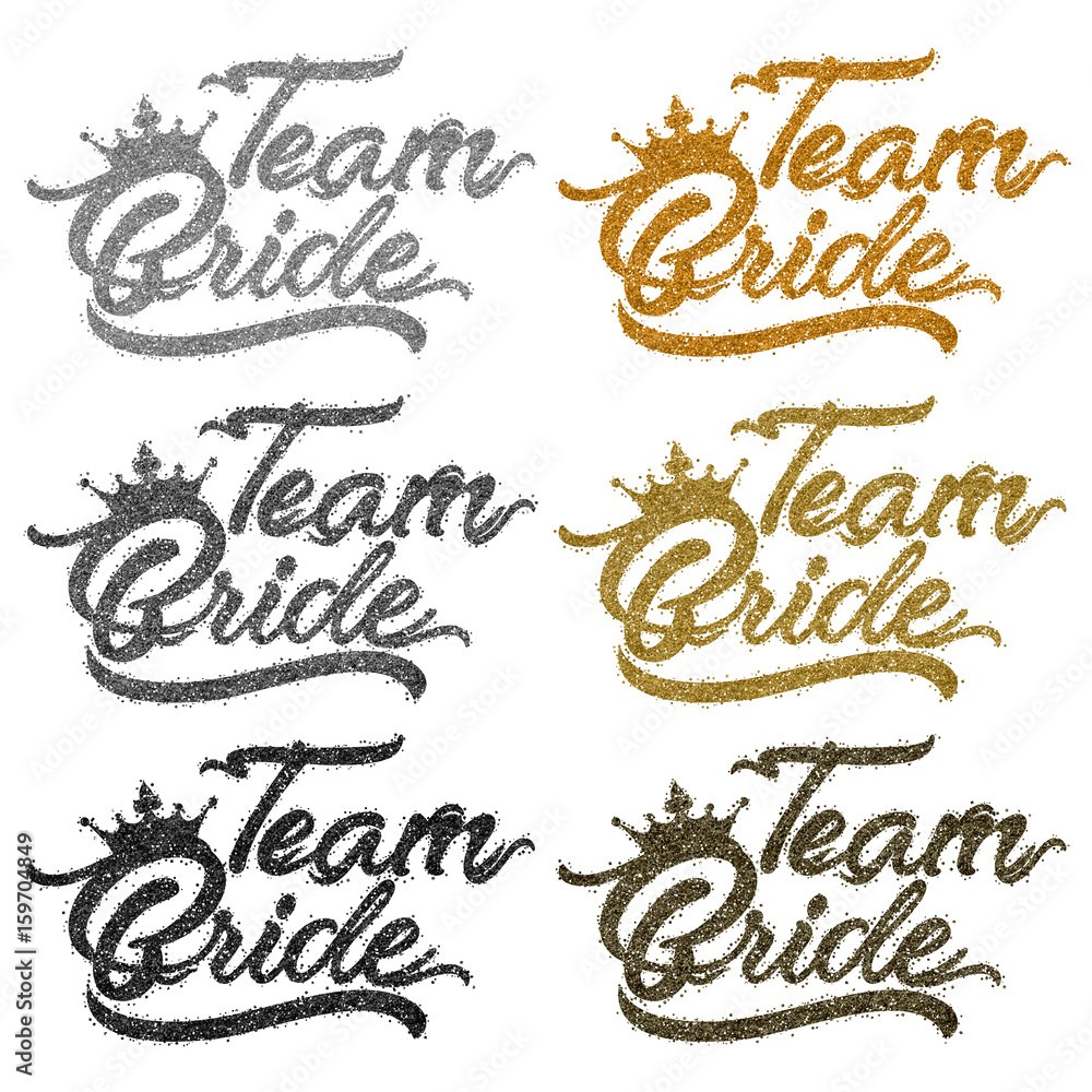 Team Bride text in silver and gold dust on an isolated white background ...
