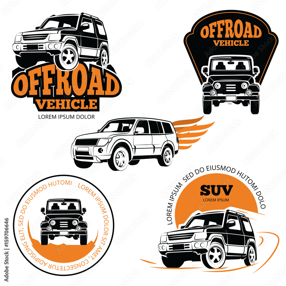 Off-road vehicle labels or logos set isolated on white background Stock ...