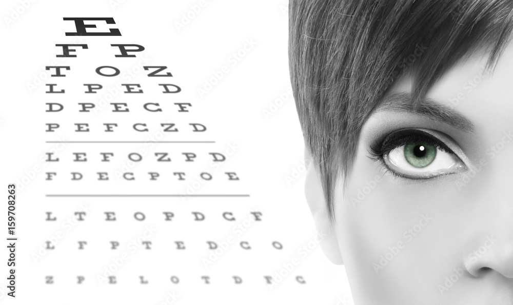 blue eyes close up on visual test chart, eyesight and eye examination ...